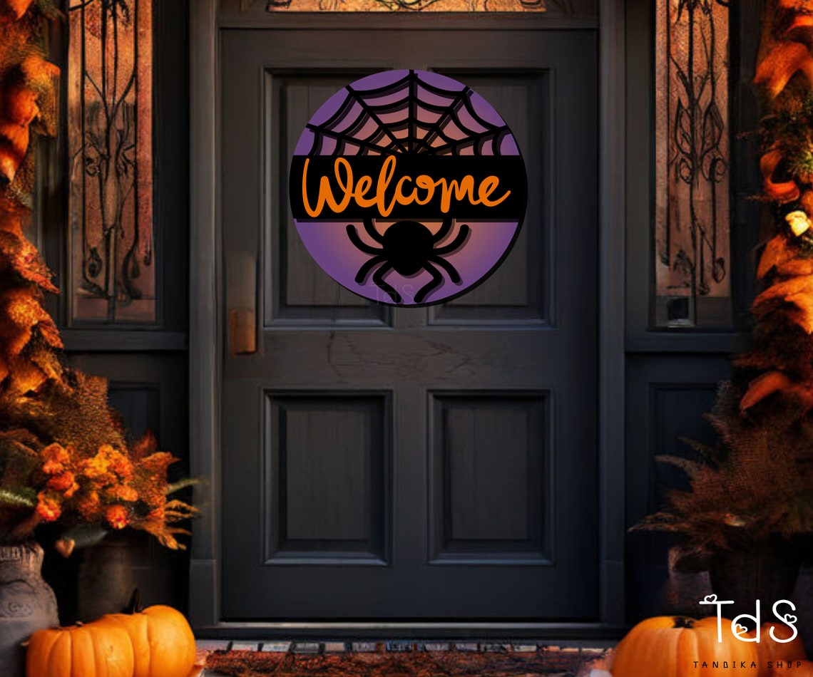 Spider Halloween Welcome Door Hanger Svg Cut File, Spider Round Sign ...