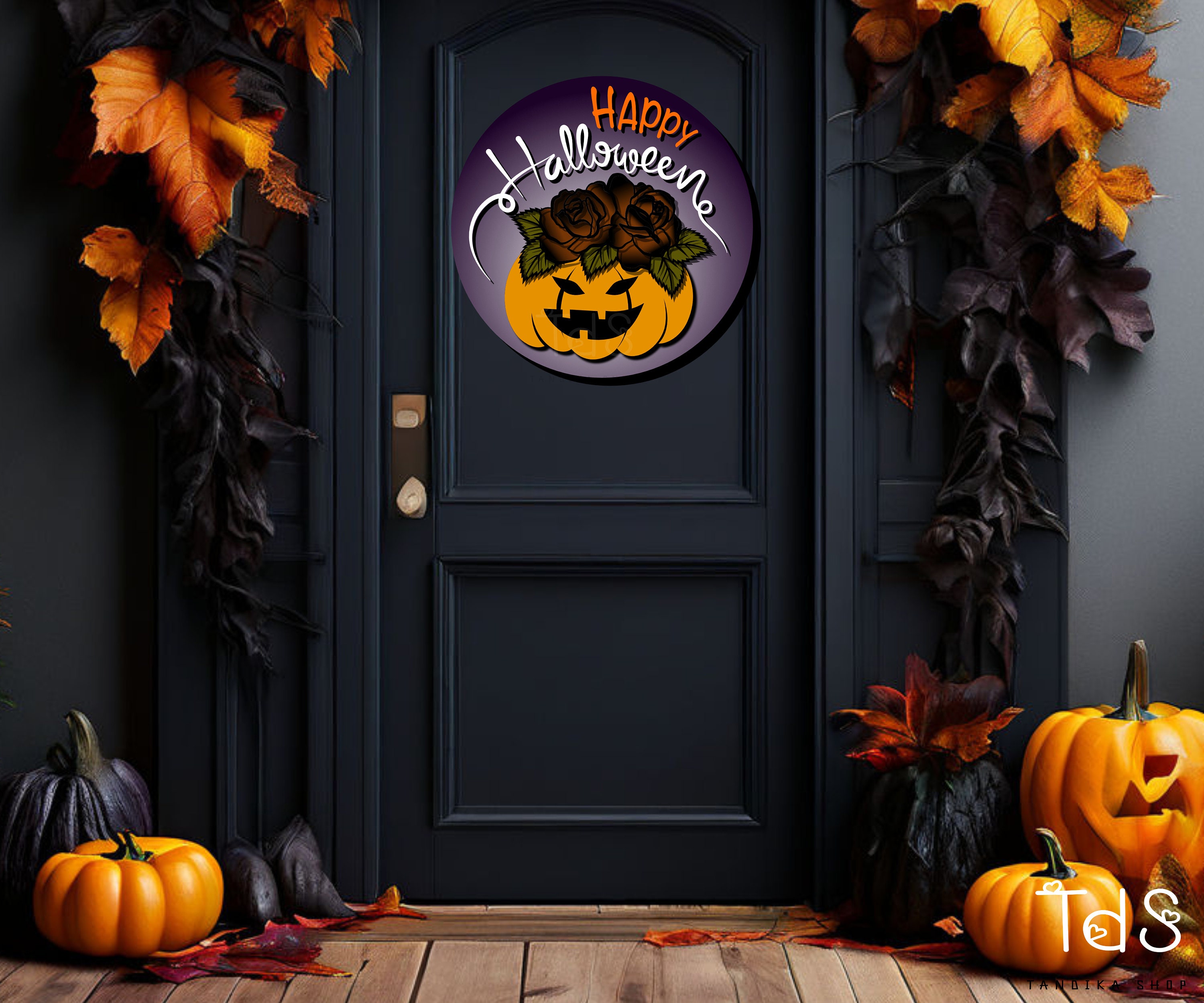 Pumpkin With Flower Happy Halloween Door Hanger Svg Cut File, Pumpkin ...