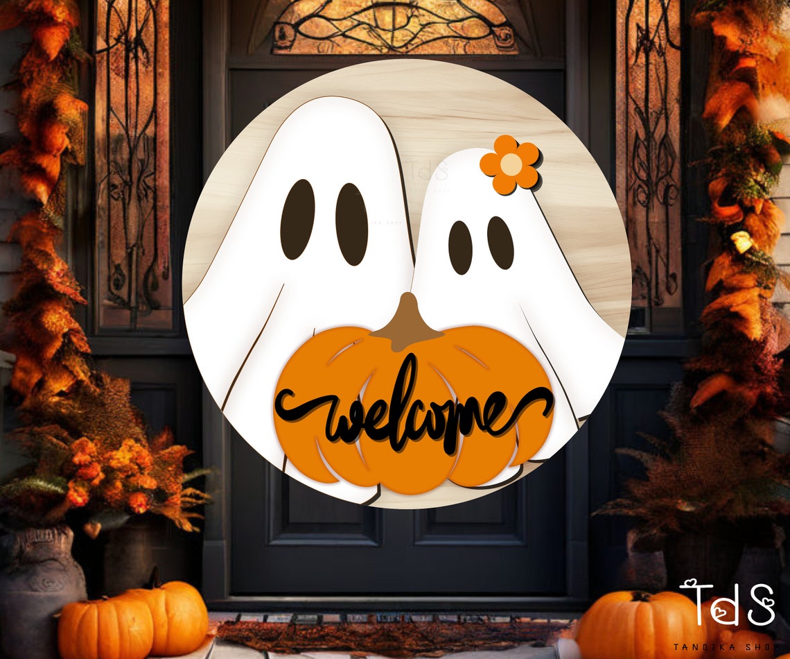 Cute Halloween Ghost Door Hanger Svg Cut File, Welcome Halloween Sign ...