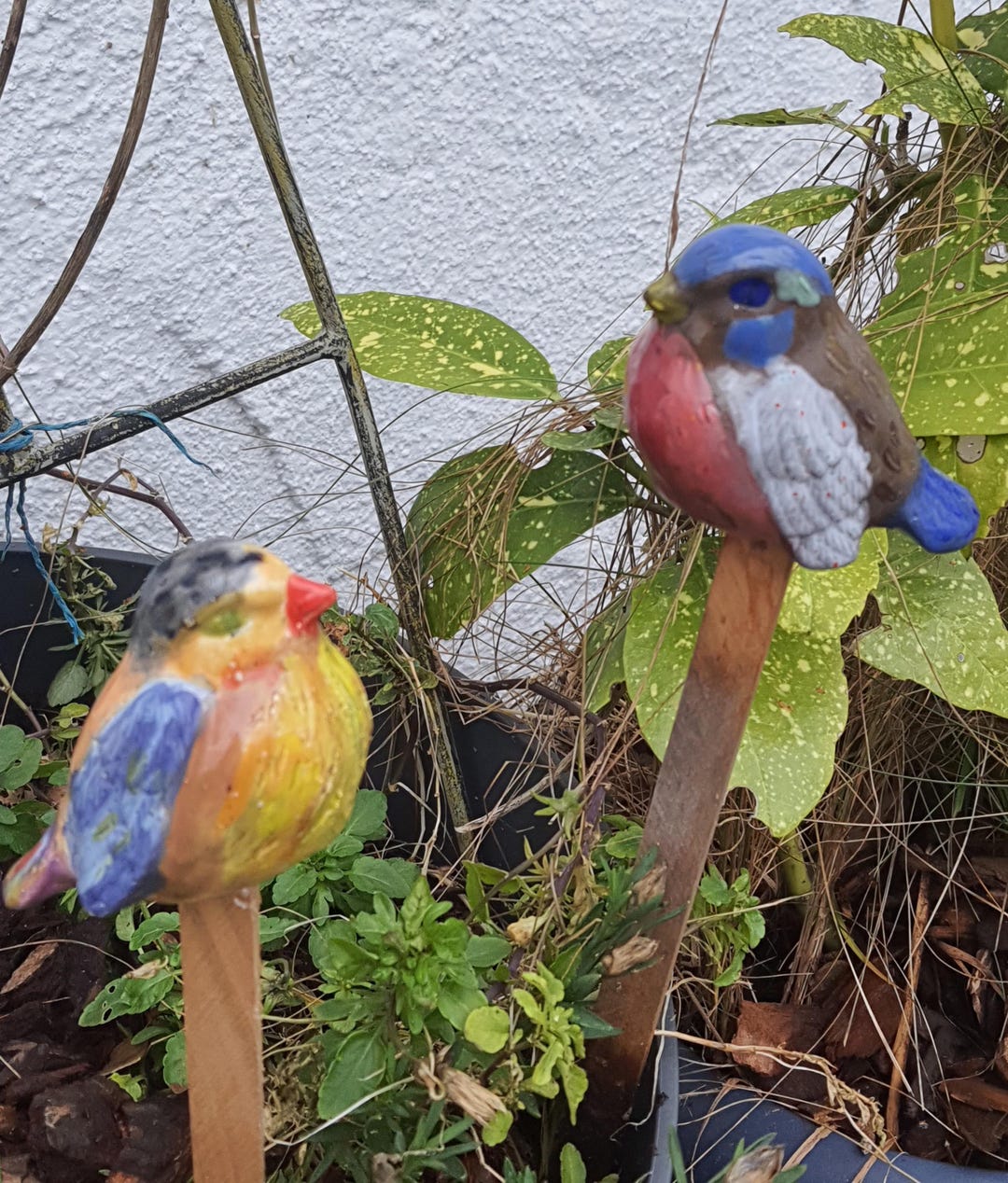 Pair of Birds, Coleus, Garden Stake, Bird, Plug-in Bird, Stoneware ...