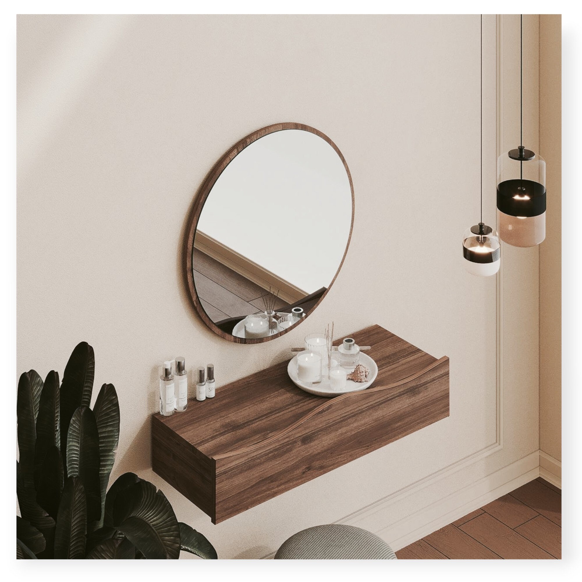Oak Wooden Wall Dressing Table With Round Mirror Modern Rustic Walnut ...