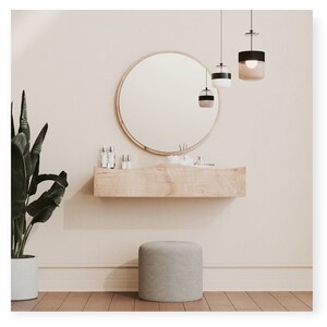 Oak Wooden Wall Dressing Table With Round Mirror Modern Rustic Walnut ...