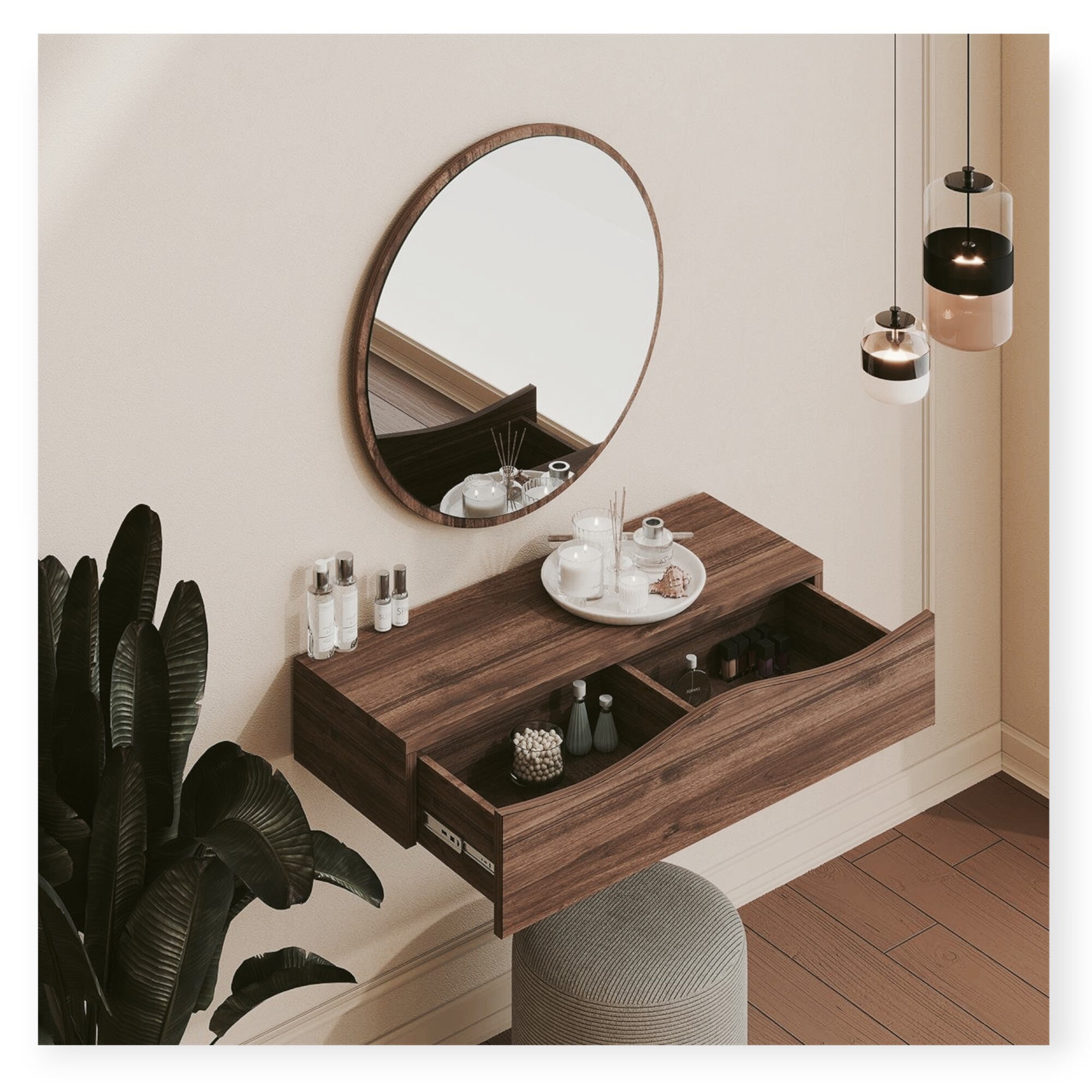 Oak Wooden Wall Dressing Table With Round Mirror Modern Rustic Walnut ...
