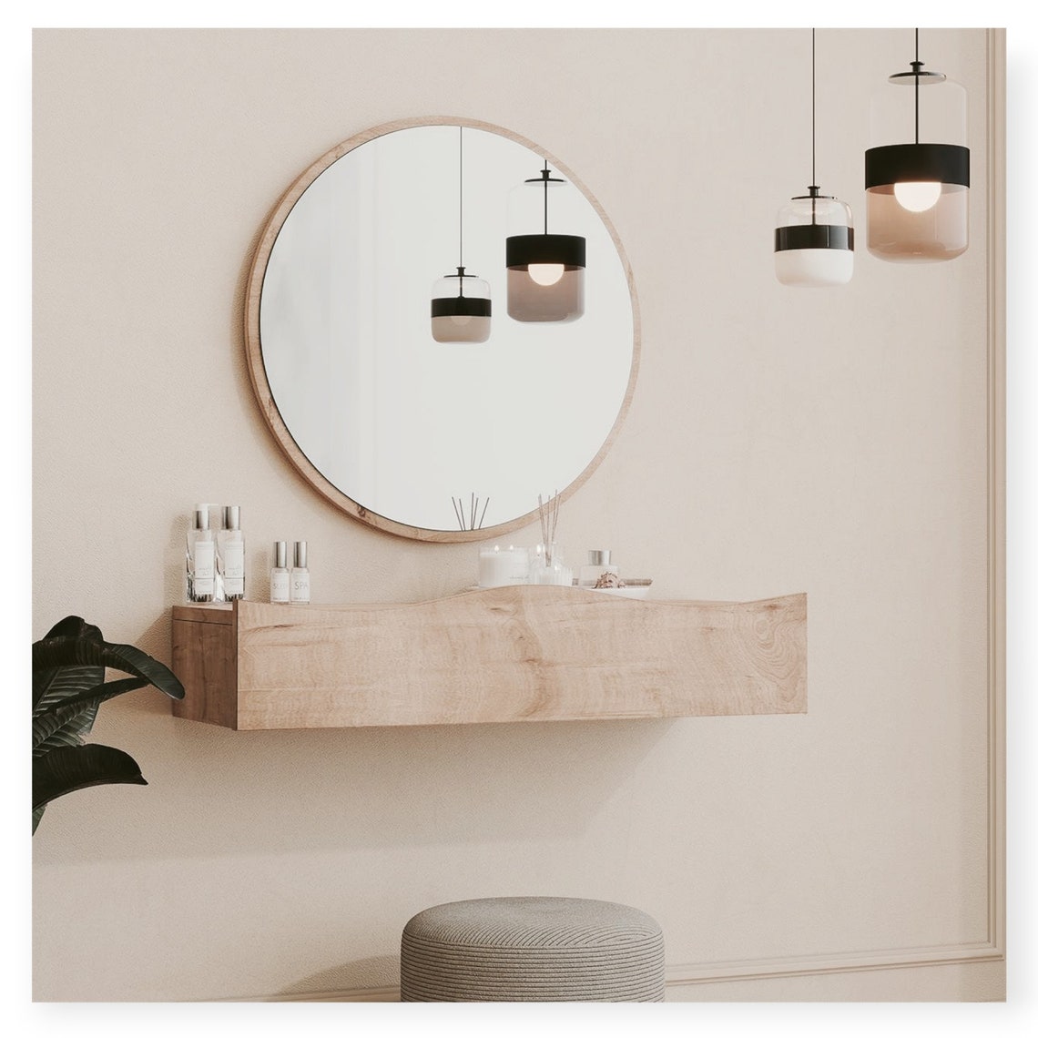Oak Wooden Wall Dressing Table With Round Mirror Modern Rustic Walnut ...