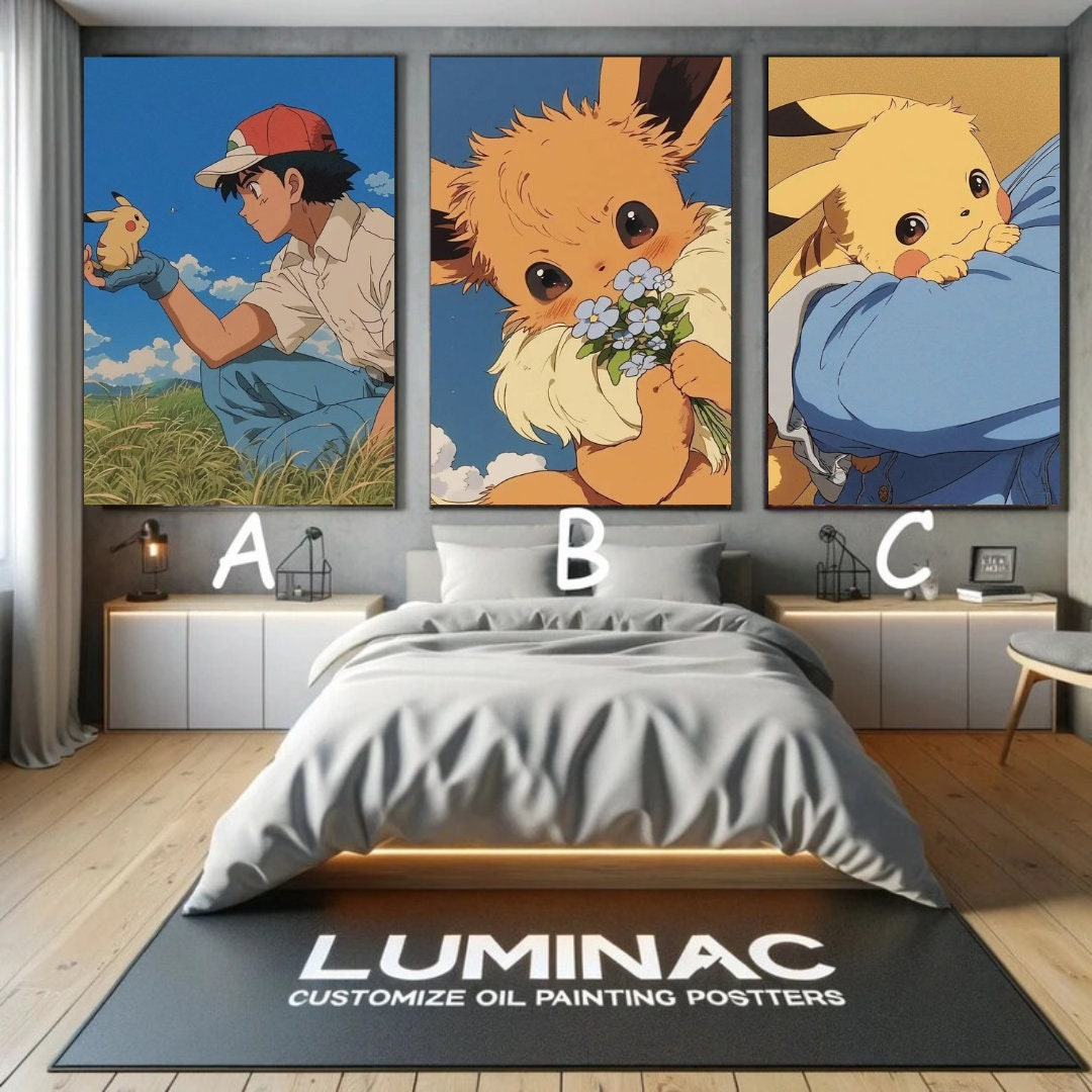 Custom Leather Paper Poster Pokemon Art Wall Art Charizard Bulbasaur Squirtle Pikachu Eevee Ash ...