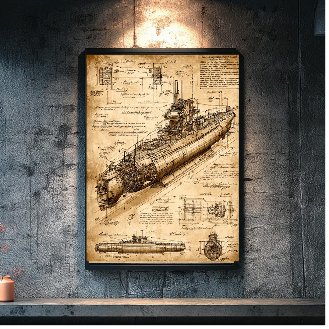 Vintage WWII Naval Ship Blueprint – U-boat Submarine Technical Drawing ...