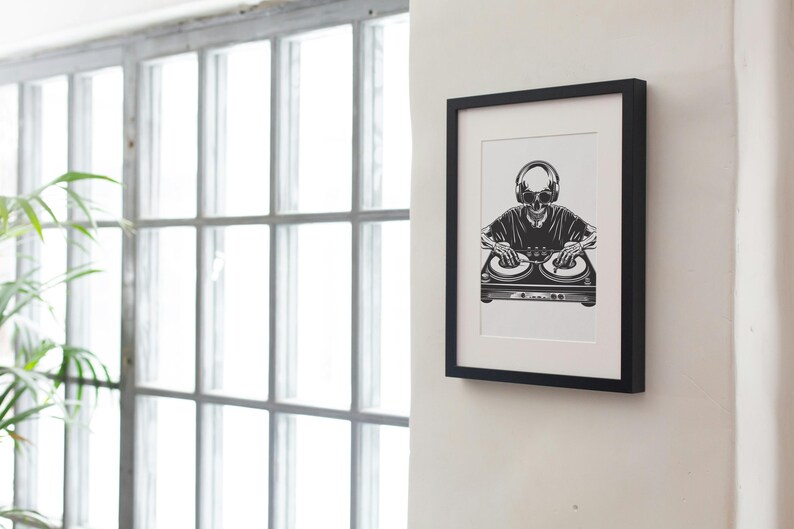 Skeleton DJ Turntables Print, Minimalist Wall Art, Gothic Silhouette ...
