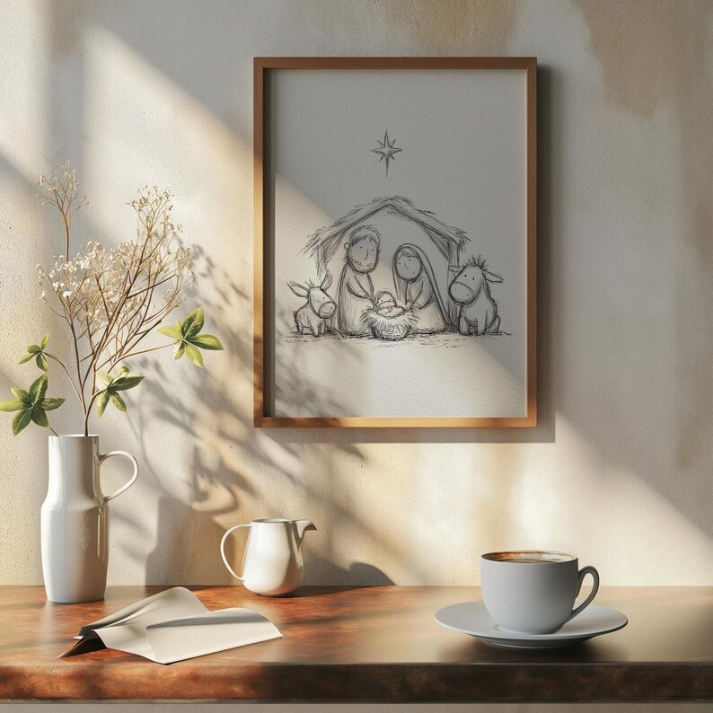 The Birth of Jesus in Bethlehem, Pencil Style, Bible Wall Art Printing ...