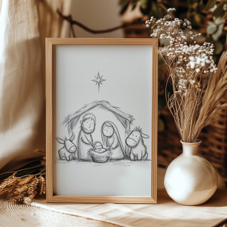 The Birth of Jesus in Bethlehem, Pencil Style, Bible Wall Art Printing ...