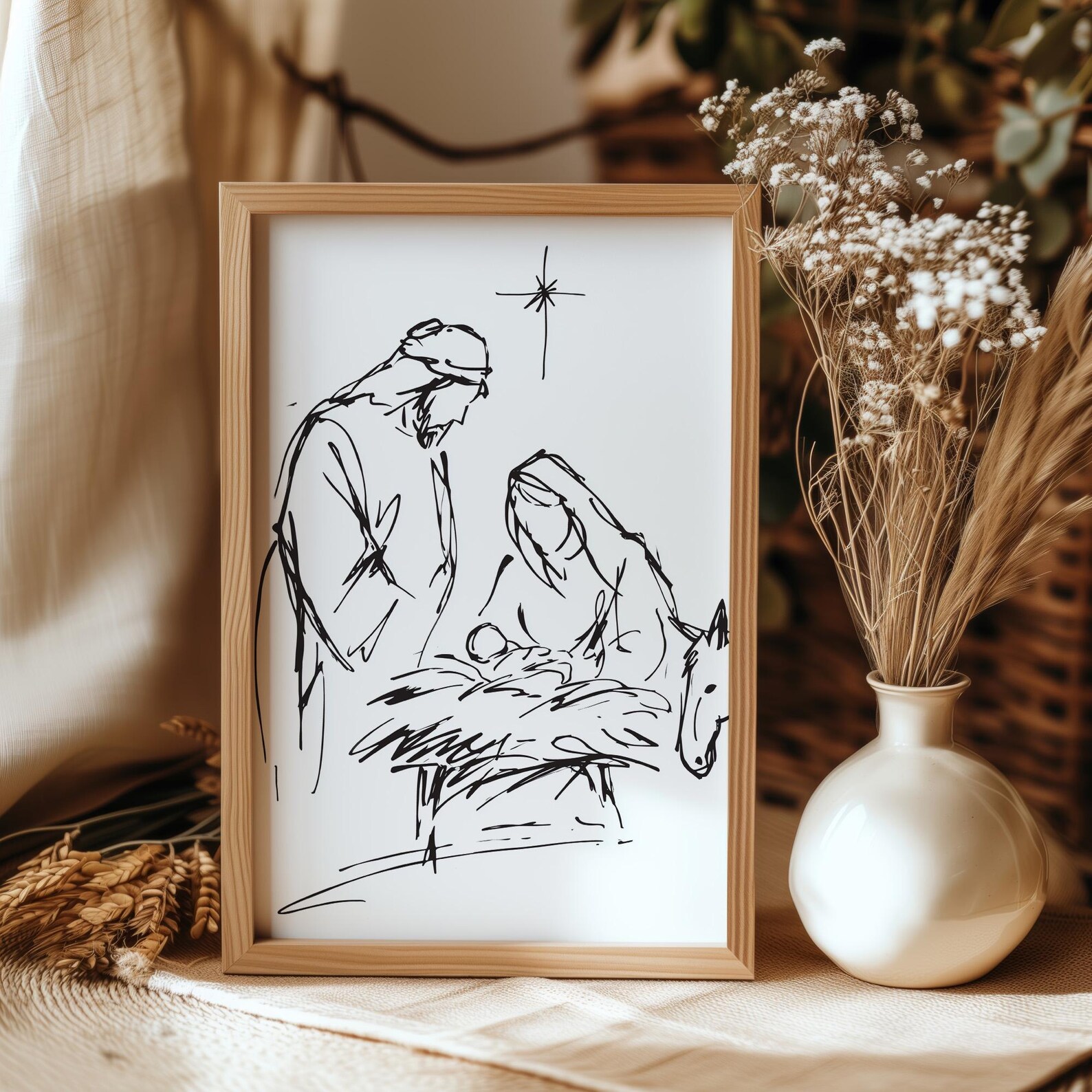 The Birth of Jesus in Bethlehem, Line-art-style, Bible Wall Art ...
