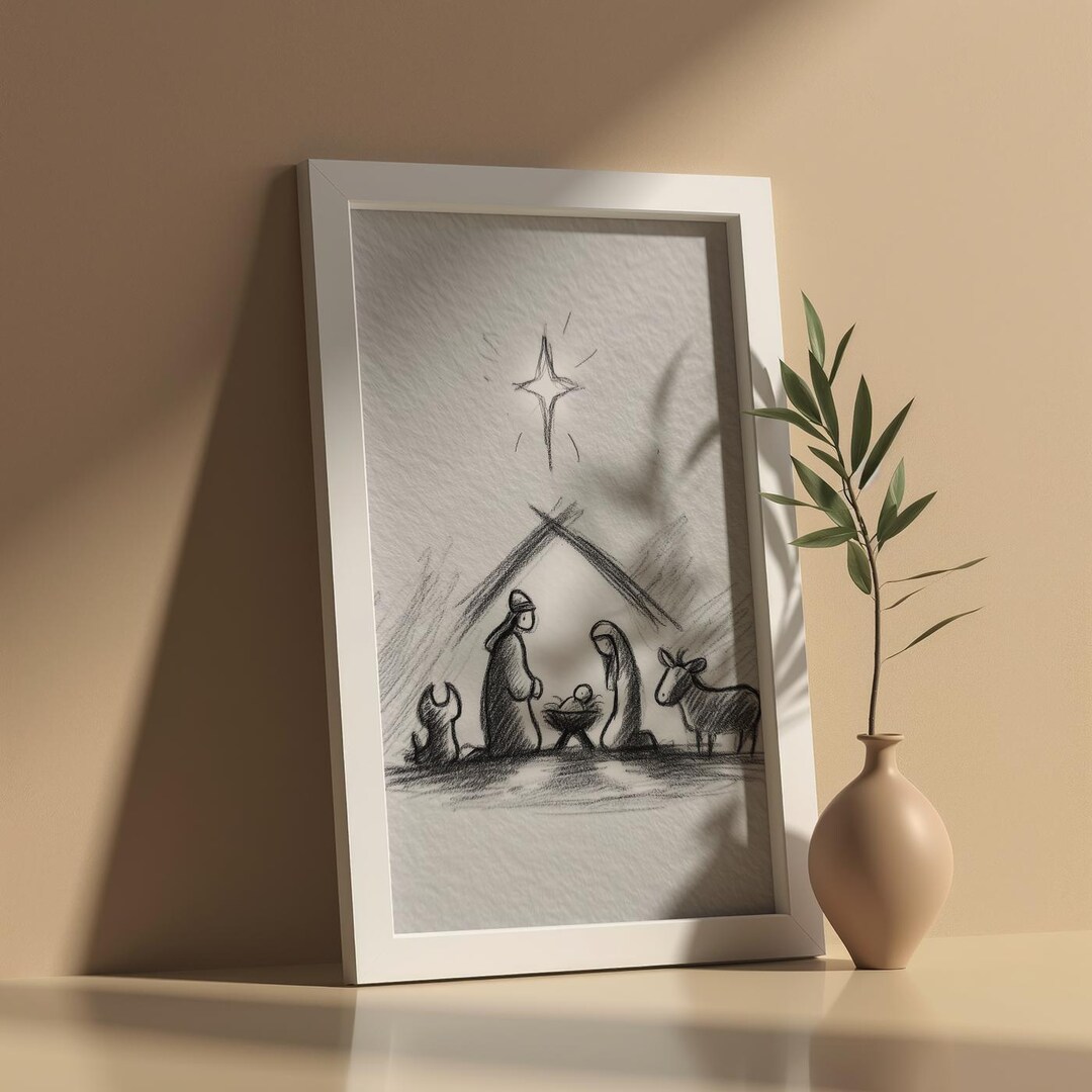 The Birth of Jesus in Bethlehem, Pencil Style, Bible Wall Art Printing ...