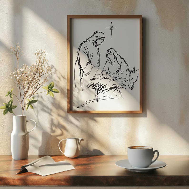 The Birth of Jesus in Bethlehem, Line-art-style, Bible Wall Art ...