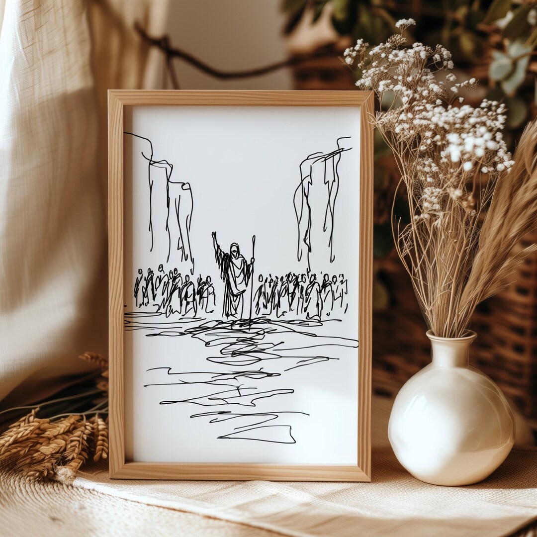 The Parting of the Red Sea, Line-art-style, Bible Wall Art Printing ...