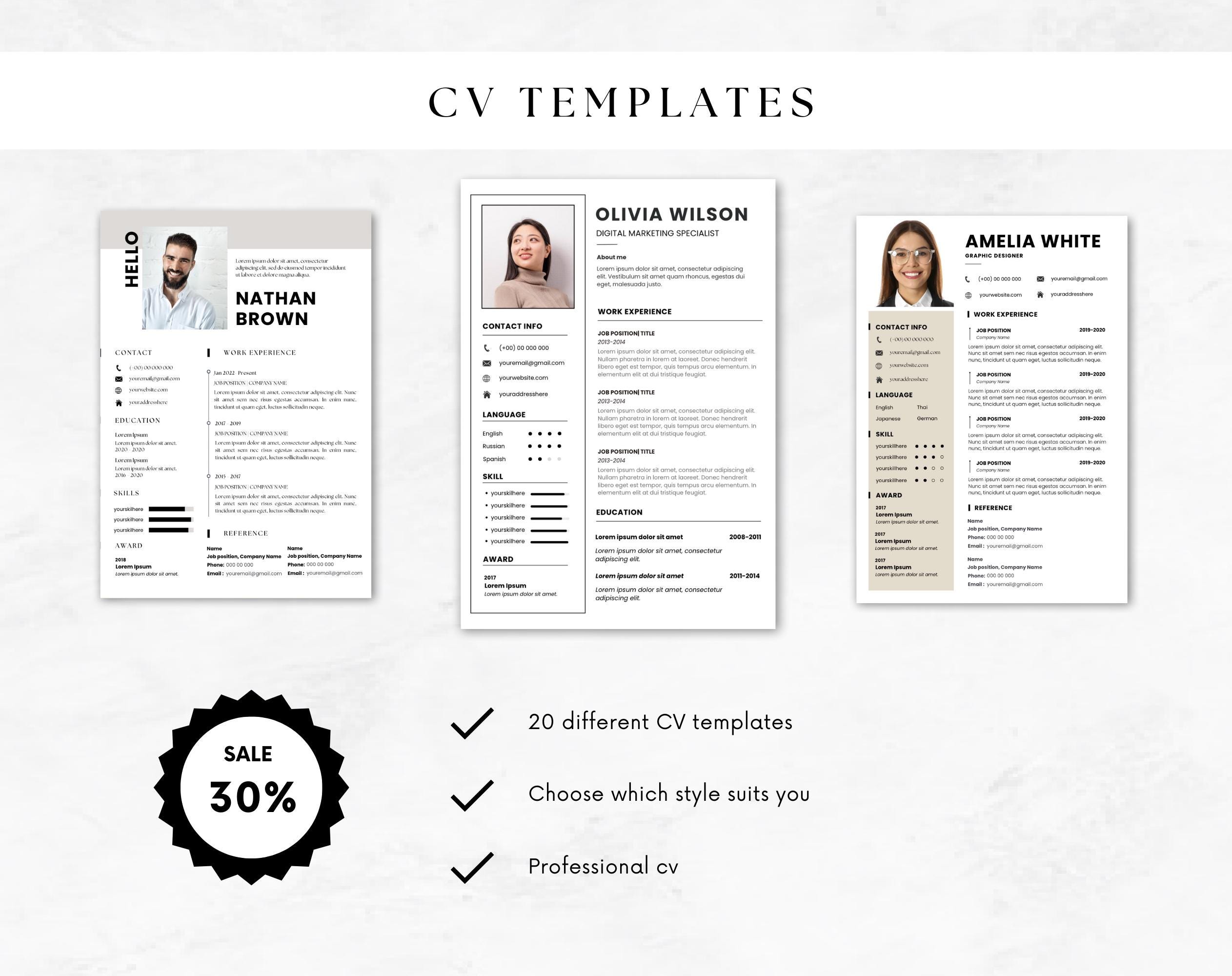 Editable Printable CV Templates Bundle, Professional Resume Design ...