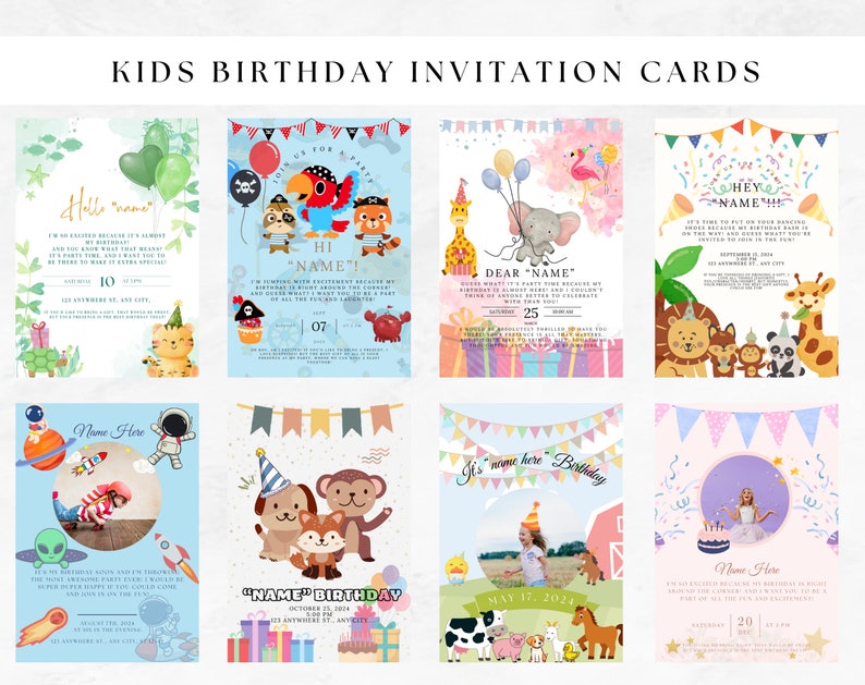 Printable Kids Birthday Invitation Cards Bundle Template, Fun ...