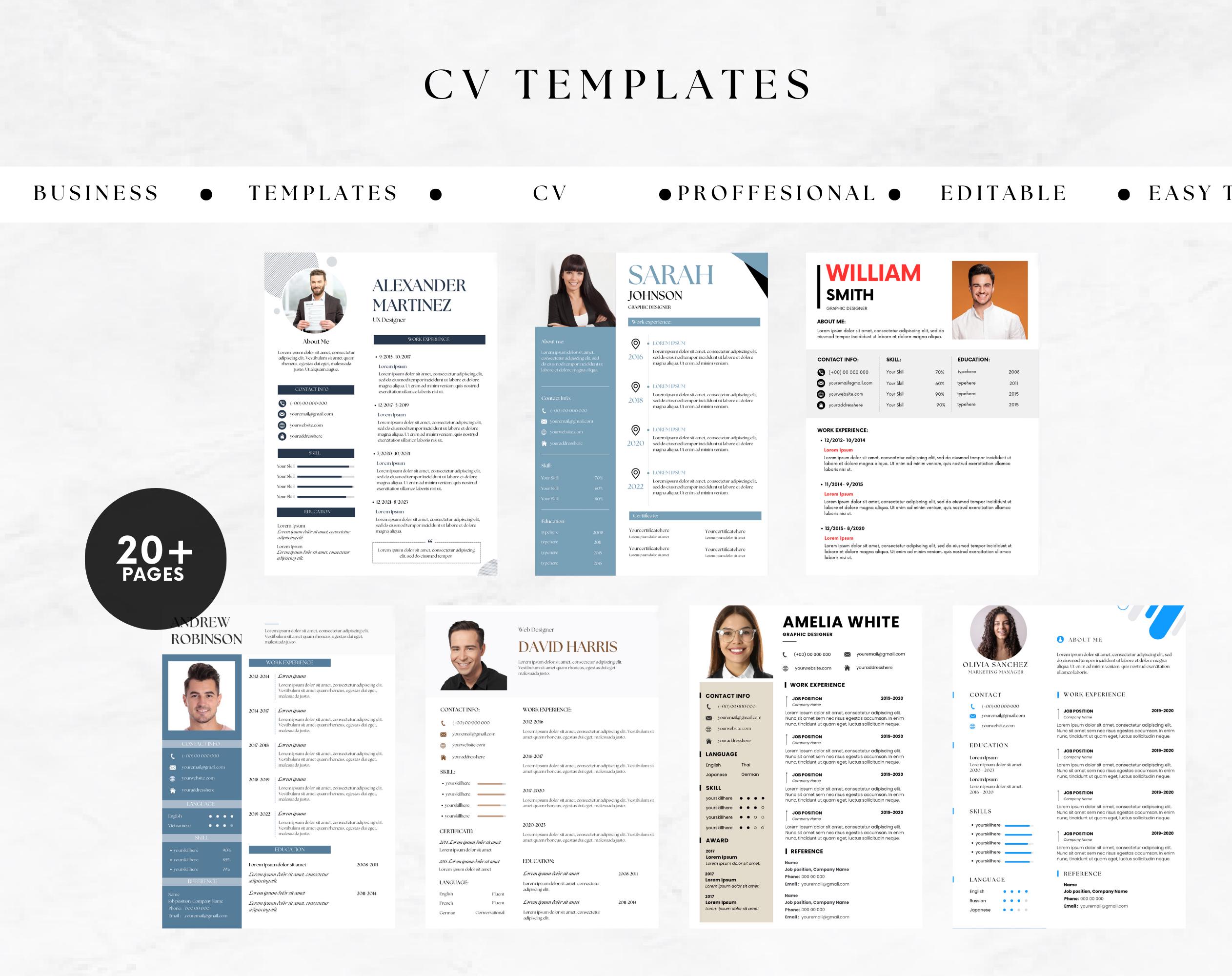 Editable Printable CV Templates Bundle, Professional Resume Design ...