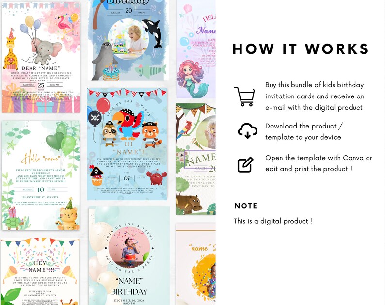 Printable Kids Birthday Invitation Cards Bundle Template, Fun ...