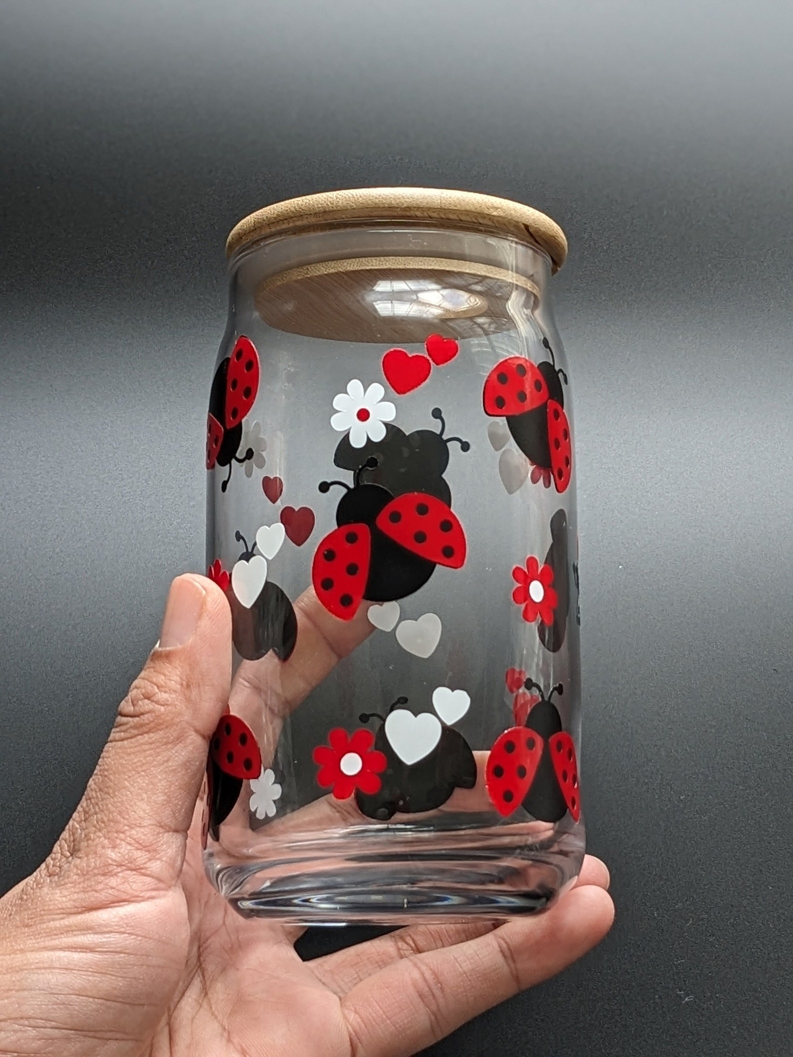 Custom Made Ladybug Butterfly Daisy Coffee Cup, Glass Cup With Lid and ...