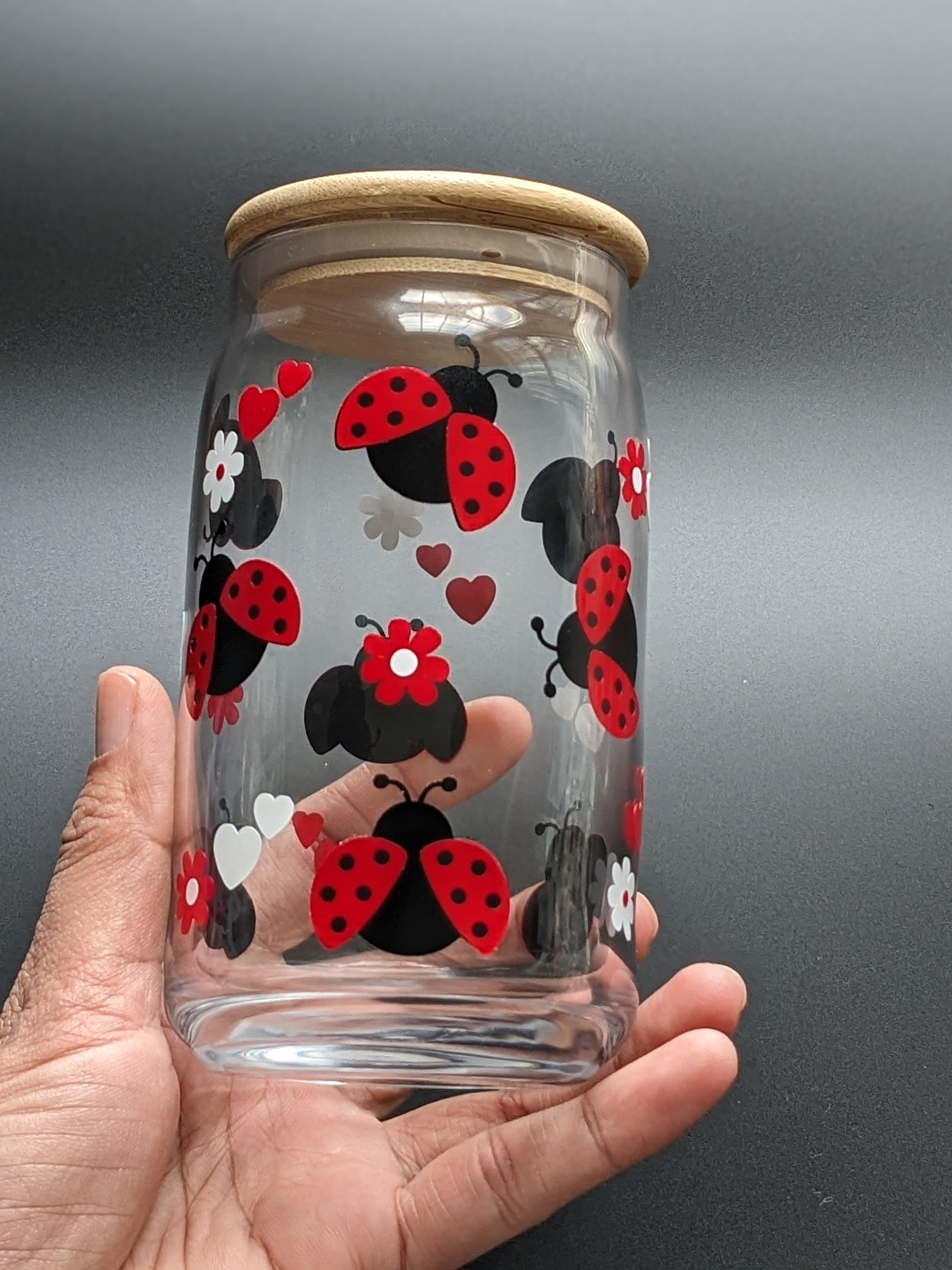 Custom Made Ladybug Butterfly Daisy Coffee Cup, Glass Cup With Lid and ...