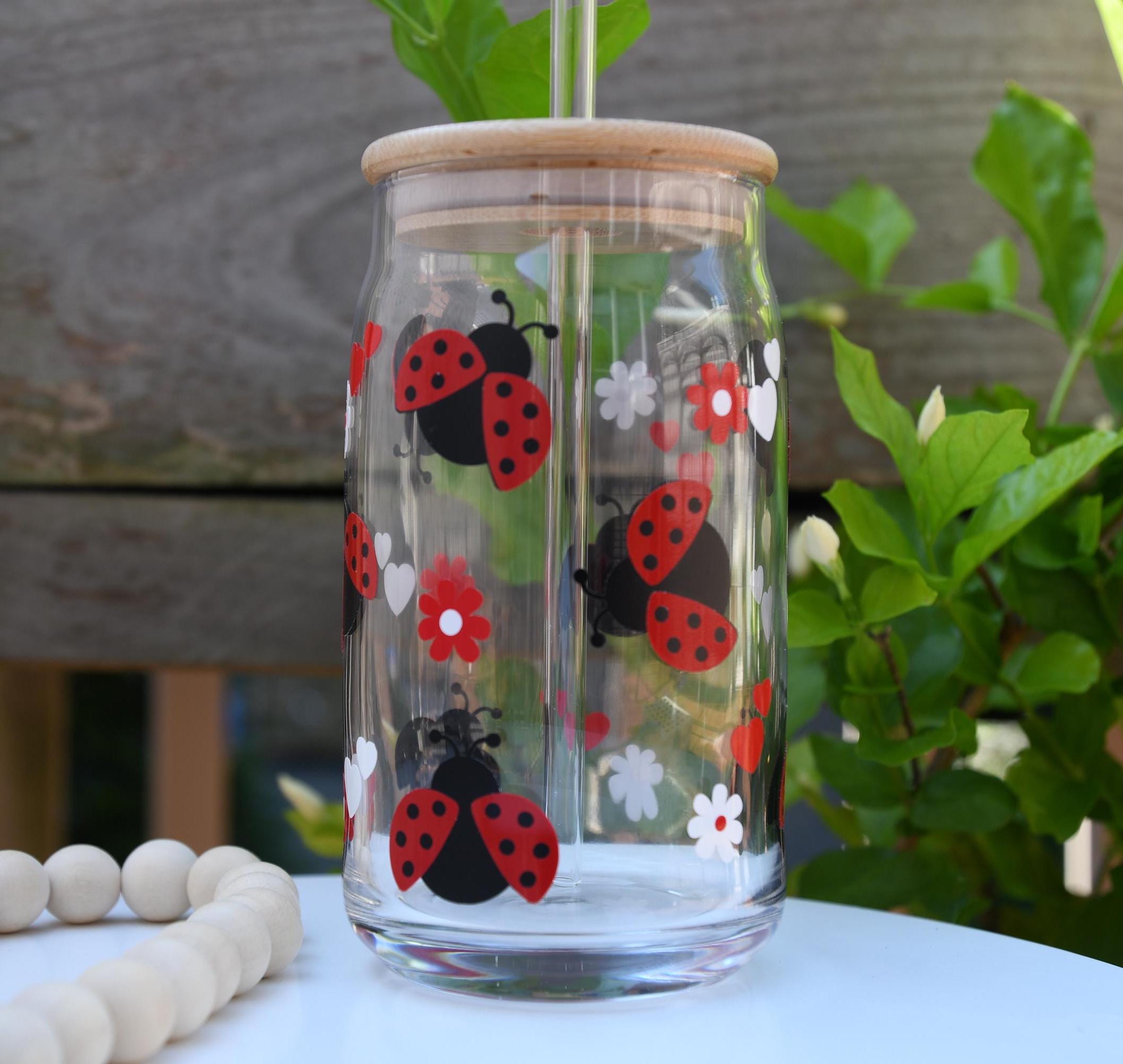 Custom Made Ladybug Butterfly Daisy Coffee Cup, Glass Cup With Lid and ...