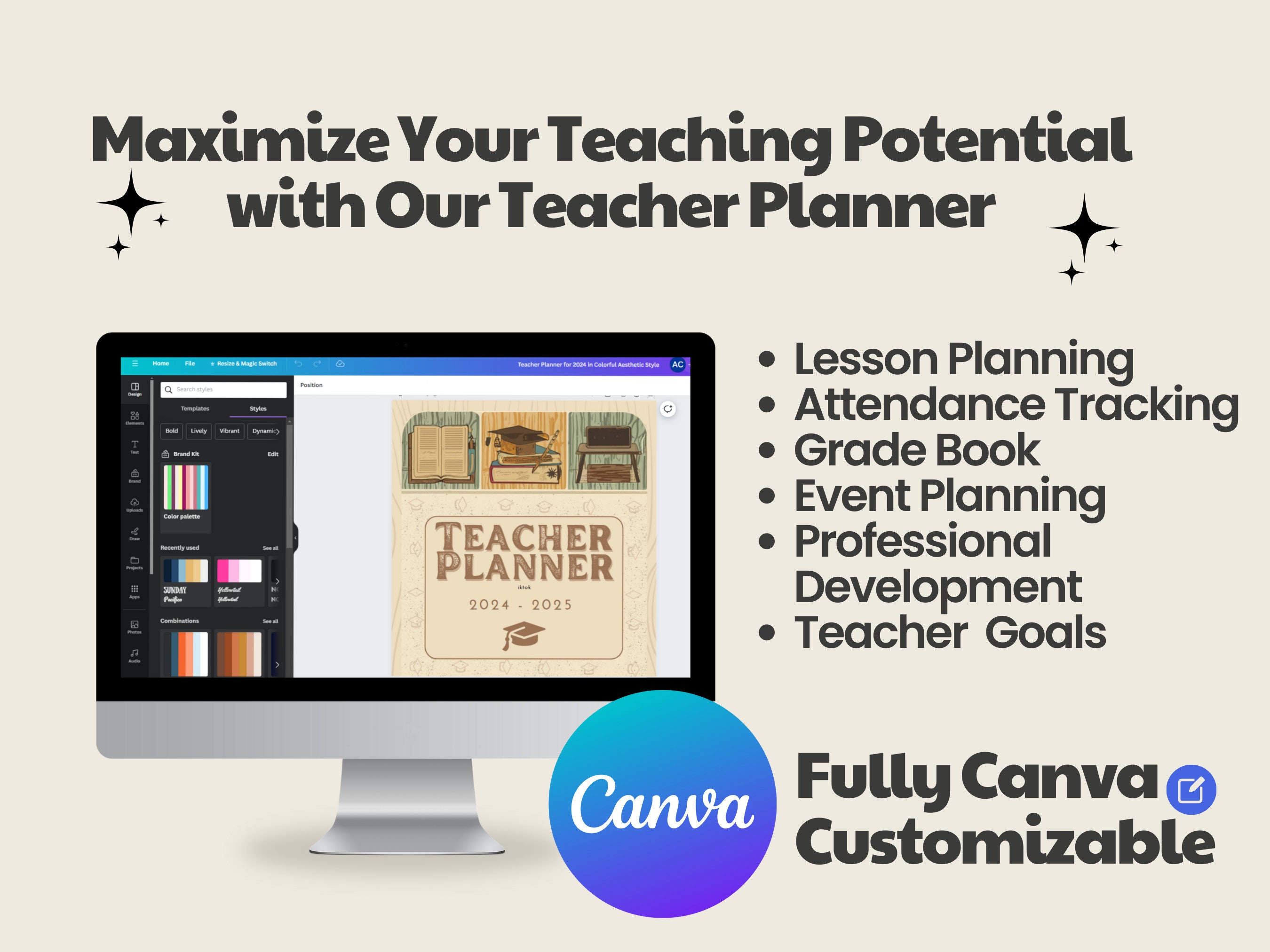 Teacher Planner Printable 2024-2025 |canva Template | Digital Teacher ...