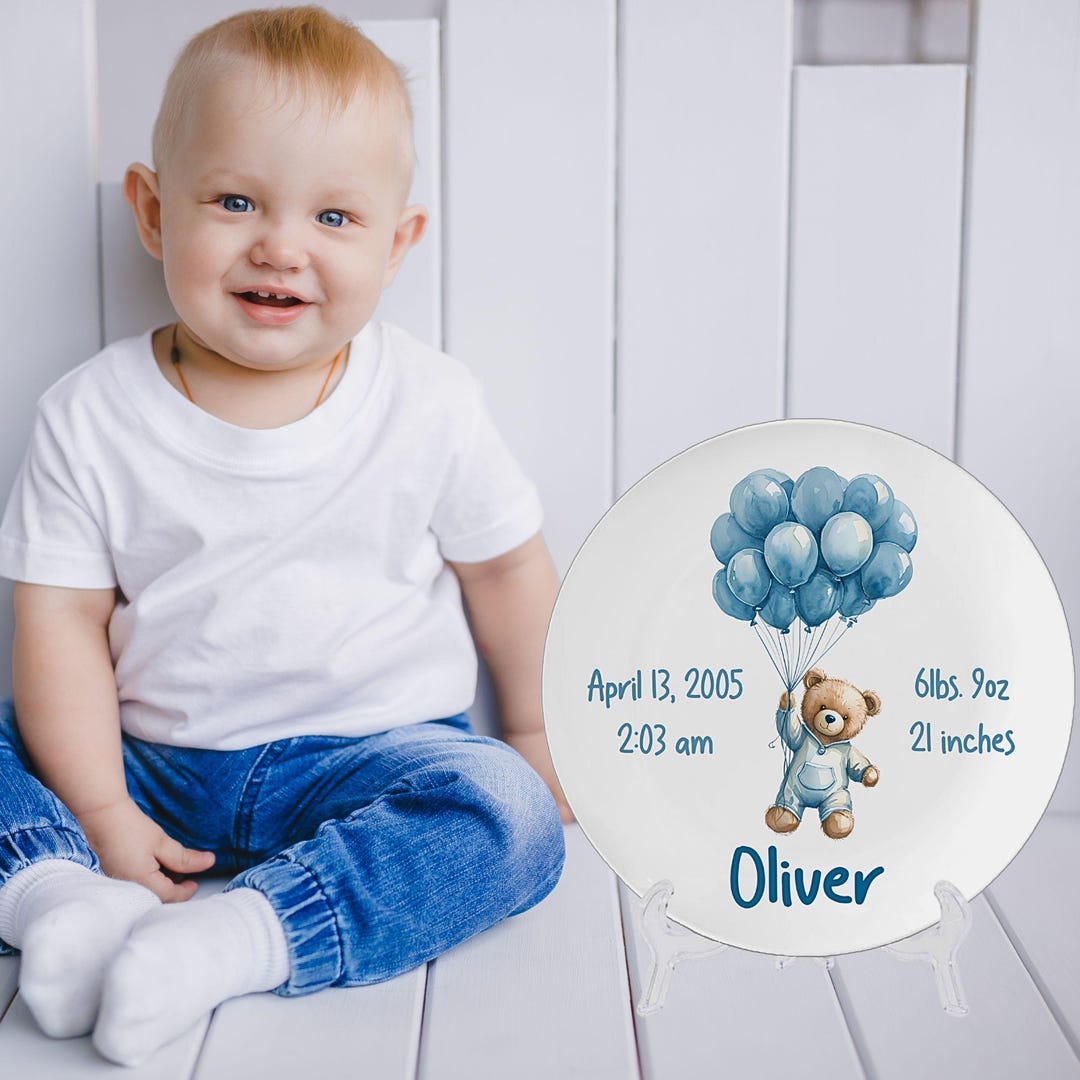 Personalized Baby Boy Birth Stats Plate, Custom Newborn Announcement ...