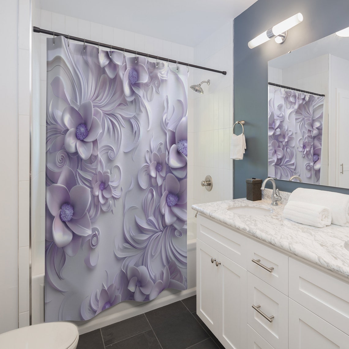 Lavender Majesty 3D Floral Shower Curtain | Floral Bathroom Décor | Shower Curtain Bath Set ...