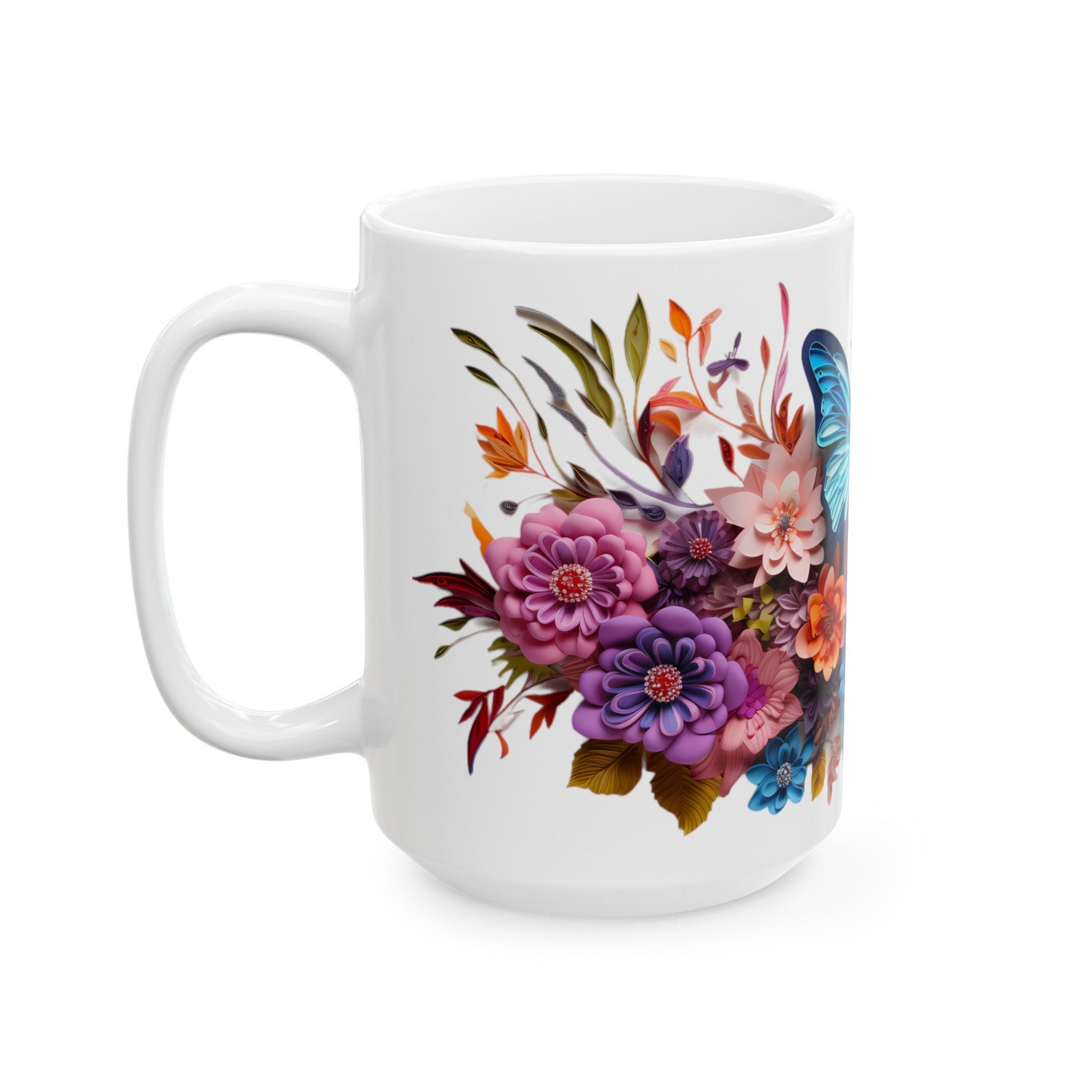 Colorful Flowers and Butterflies Mug | Artistic Butterflies Mug ...