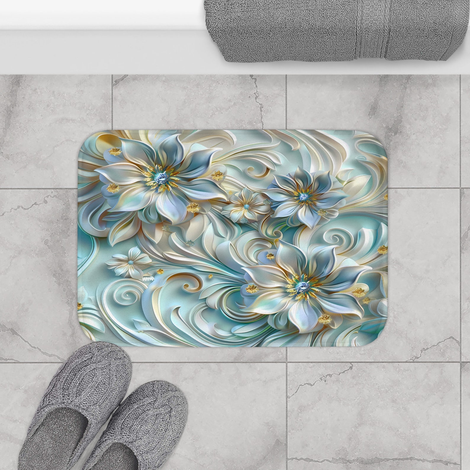 Floral Oasis 3D Light Blue Flower Bath Mat | Floral Bathroom Decor ...