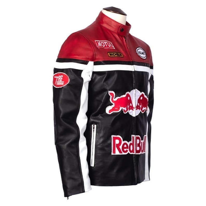 Red Bull Racing Leather Jacket Vintage Biker Cafe Racer Jacket for Men ...