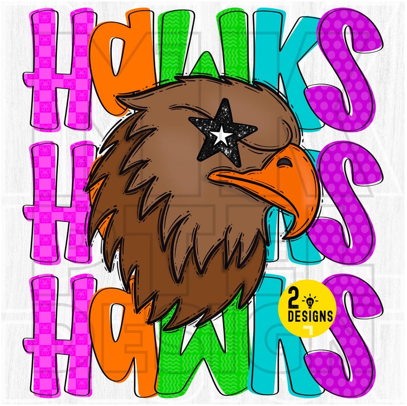 Preppy Neon Star Eyed Hawks Mascot PNG, School Hawks Sublimation ...