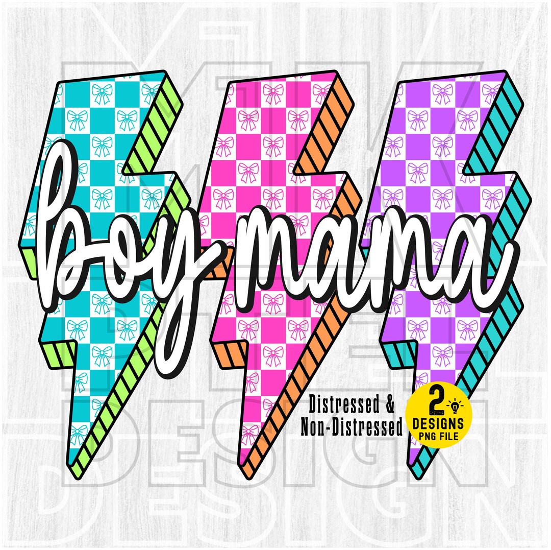 Neon Lightning Bolt Boy Mama PNG, Checkered Retro Design (digital ...