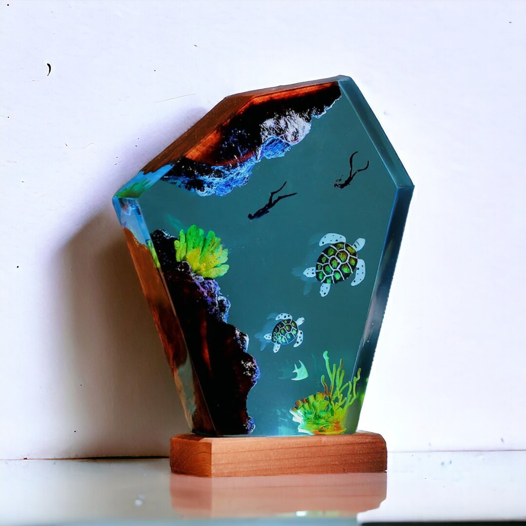 Sea Turtle and Diver Epoxy Resin Lamp Artful Illumination for Your ...