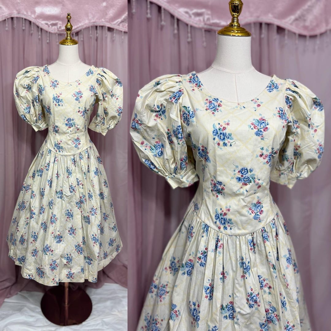 Vintage 80s Yellow Floral Puff Sleeve Fit & Flare Dress, Retro ...