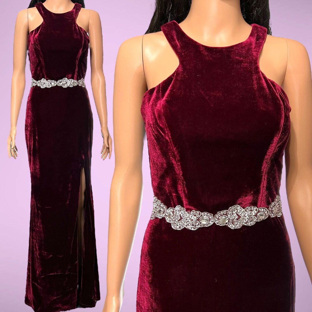 Vintage Y2K 00s Burgundy Red Velvet Long Formal Dress With Rhinestone ...