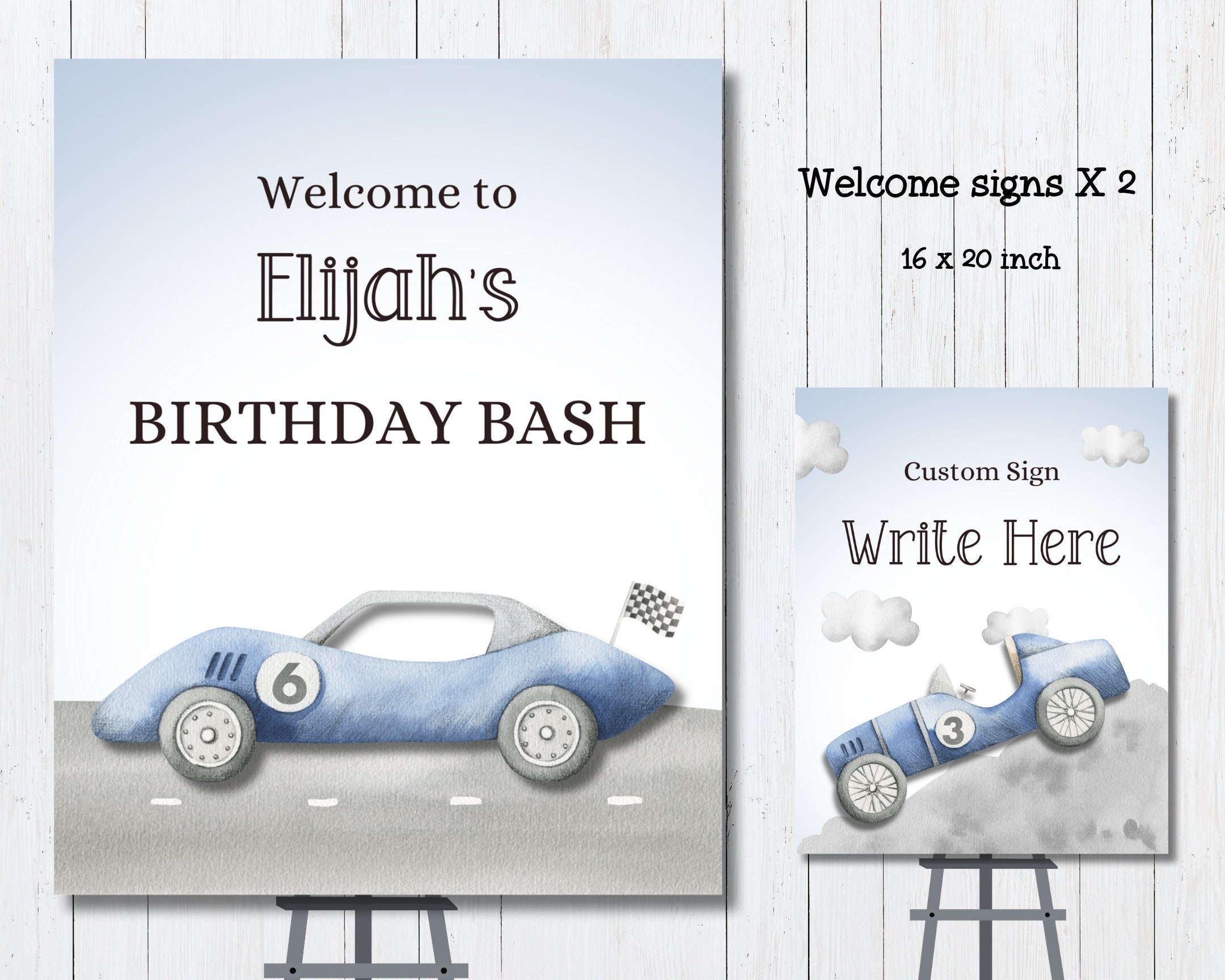 Racing Car Welcome Signs, Light Blue Car Party Decor, Boys Birthday ...