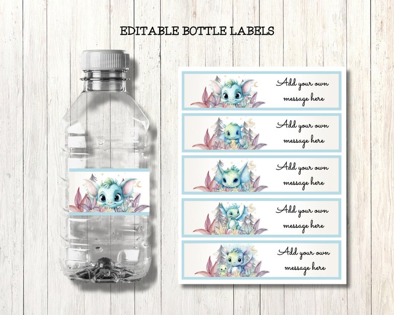 Dragon Bottle Labels, Blue Party Decor, Mythical Creature Printable ...
