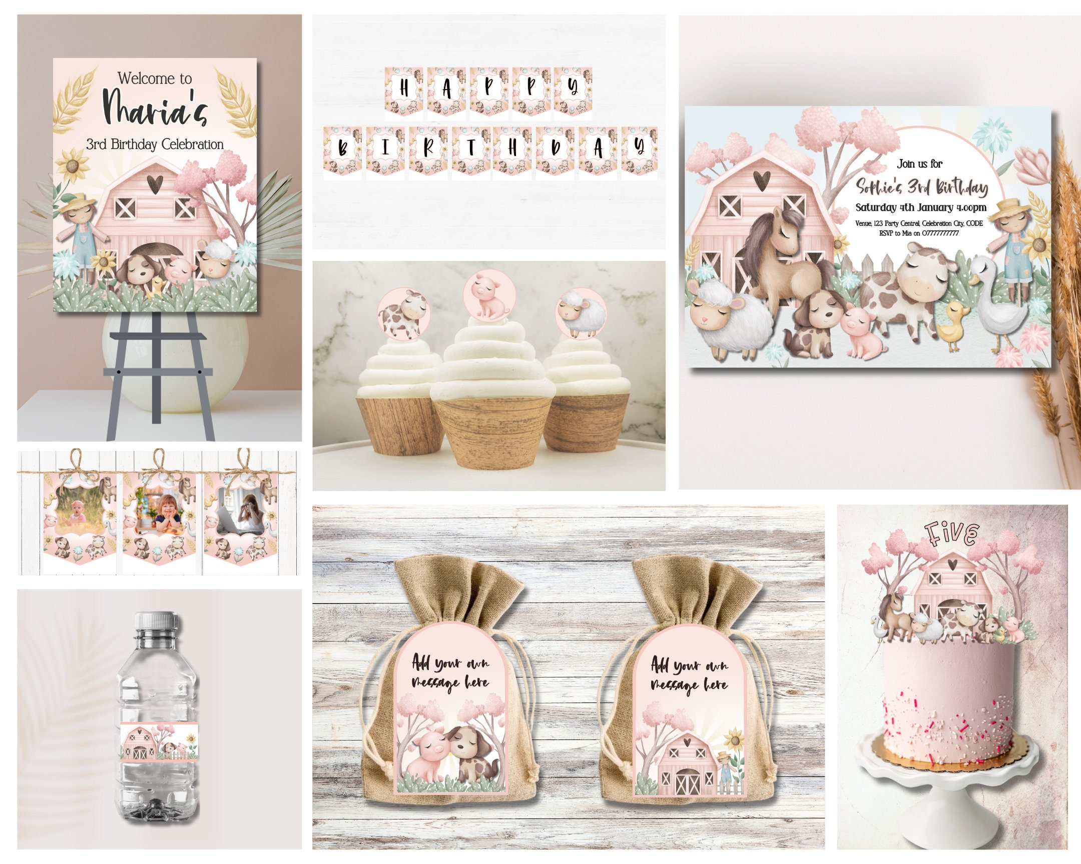 Farm Animal Bundle Pink Farm Evite for Kids Party Farm Yard - Etsy