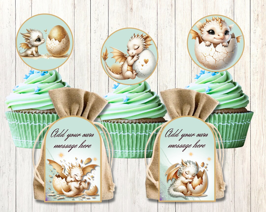 Green Dragon Tags and Toppers, Dragon Baby Shower Decor, Gold Dragon ...