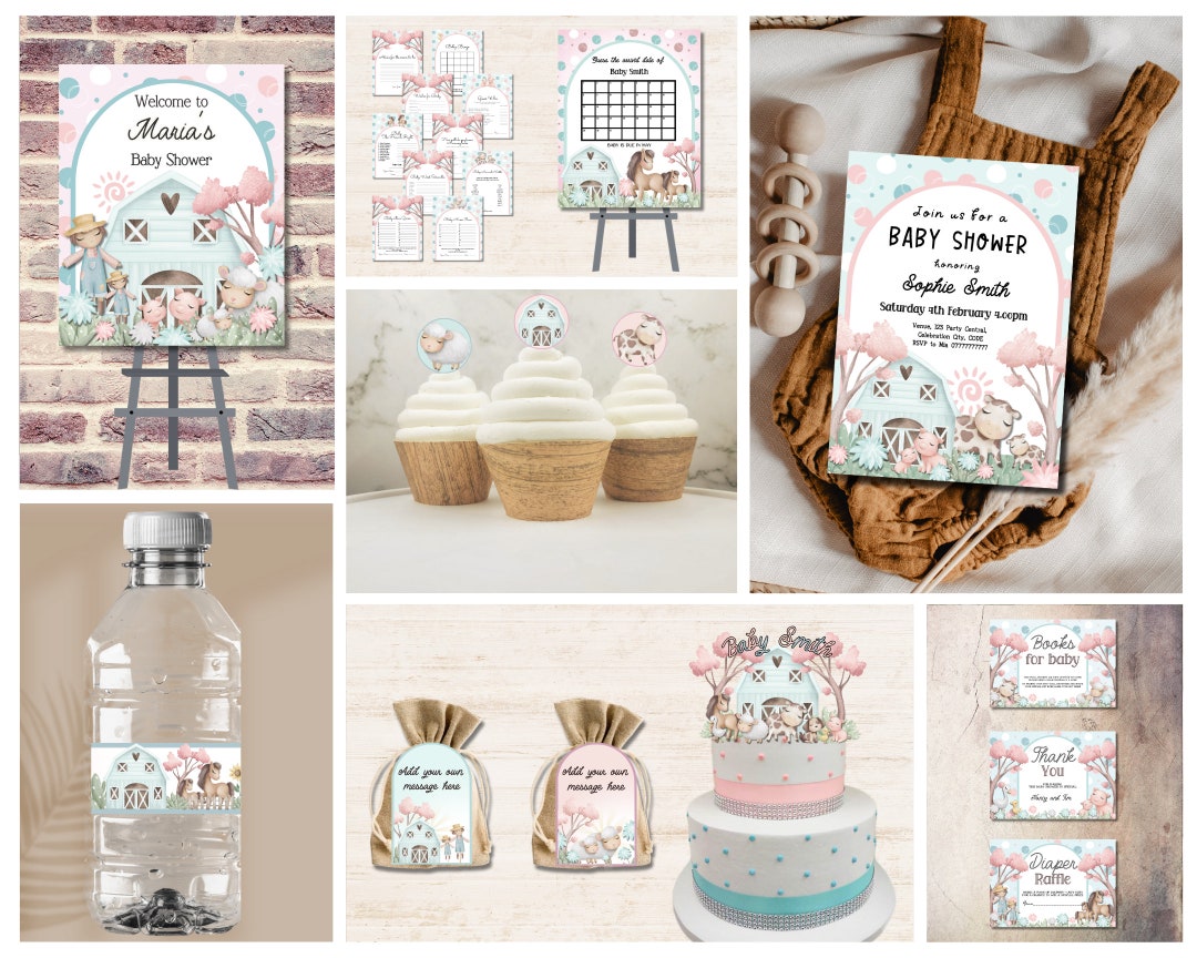 Pink and Blue Baby Shower Bundle, Farm Animal Invite, Welcome Signs ...