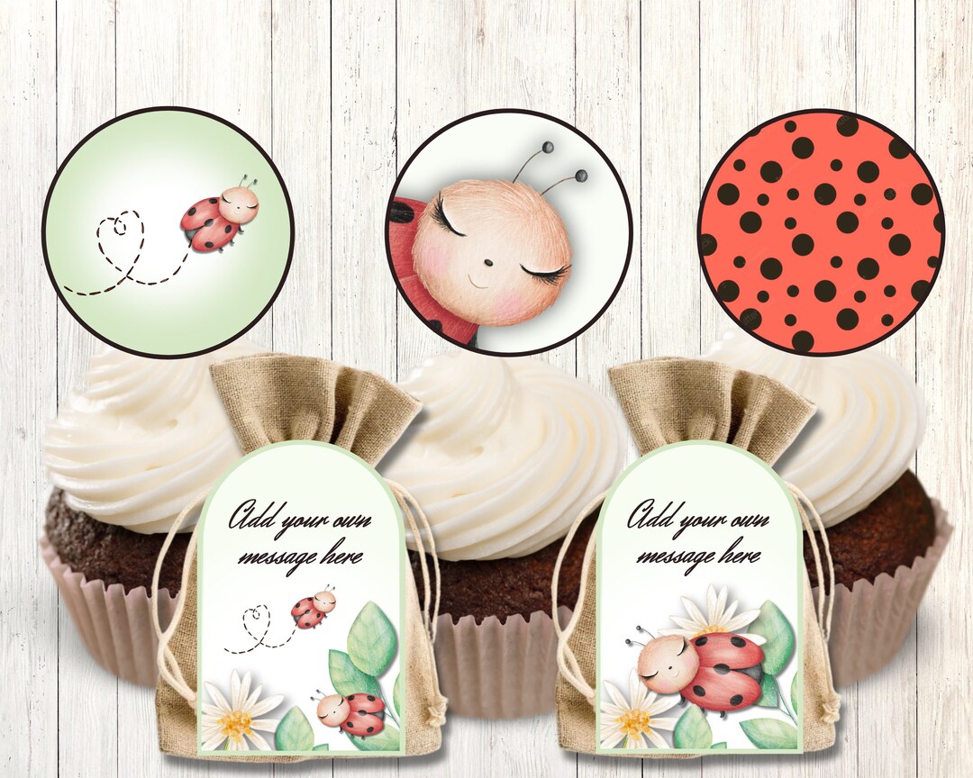 Ladybug Gift Tags and Cake Toppers, Elegant Greenery Decor, Little Lady ...
