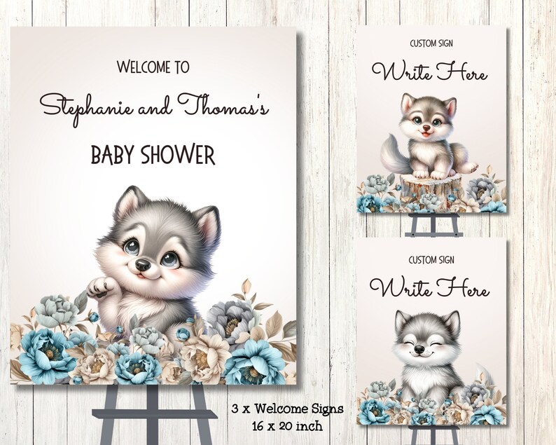 Wolf Welcome Signs, Boys Baby Shower Decor, Boho Blue Printable ...