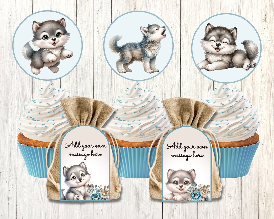 Wolf Gift Tags, Cake Topper Bundle, Boho Blue Baby Shower Party ...