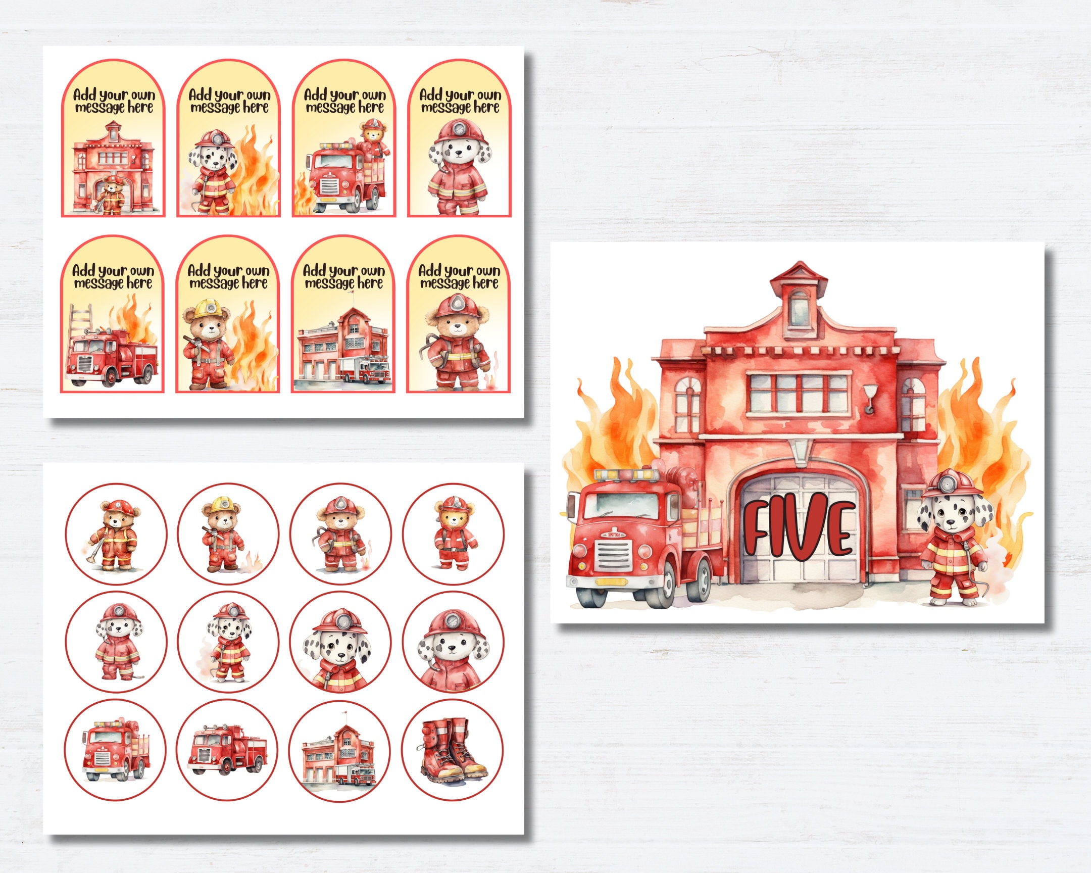 Fire Engine Cake Topper, Fire Truck Gift Tags, Cute Puppy and Bear ...