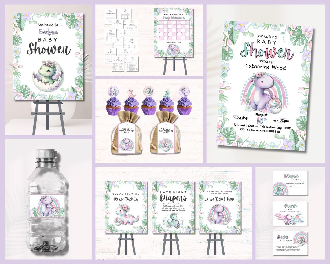 Pink Dinosaur Baby Shower Bundle, Printable Dino Egg Invitation, Girls ...