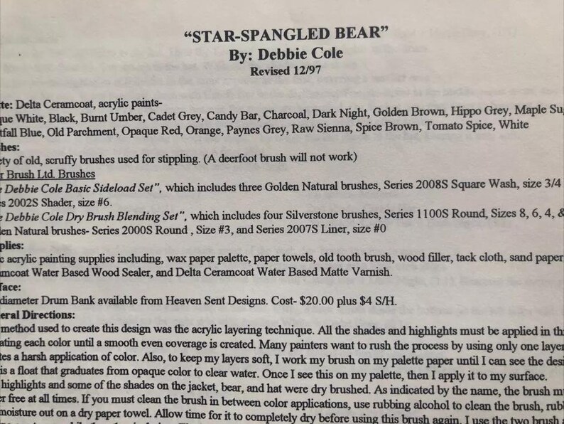 Vintage 1997 Tole Painting Pattern : Star Spangled Bear by Debbie Cole ...