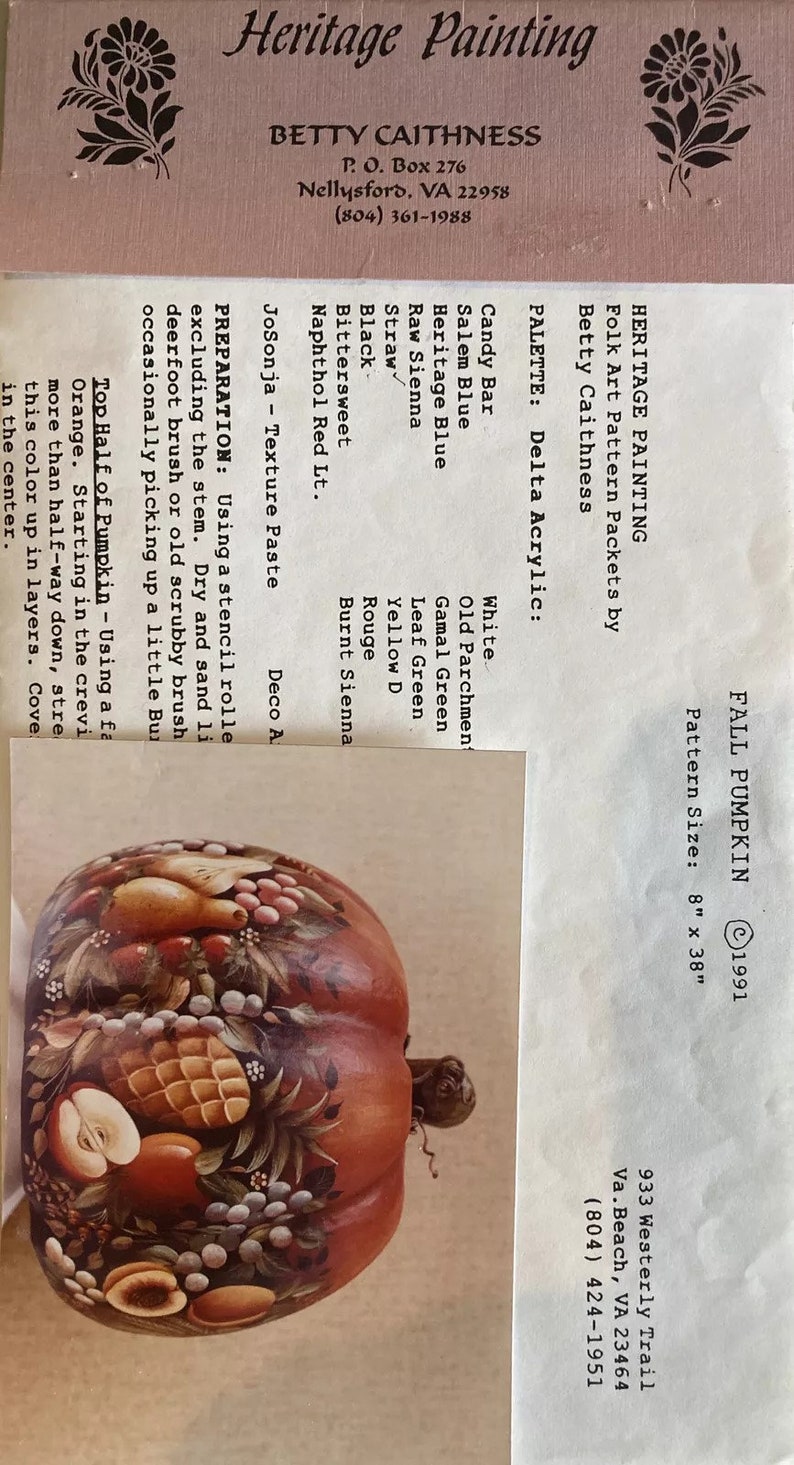 Vintage 1997 Tole Painting Pattern : Fall Pumpkin by Betty Caithness - Etsy