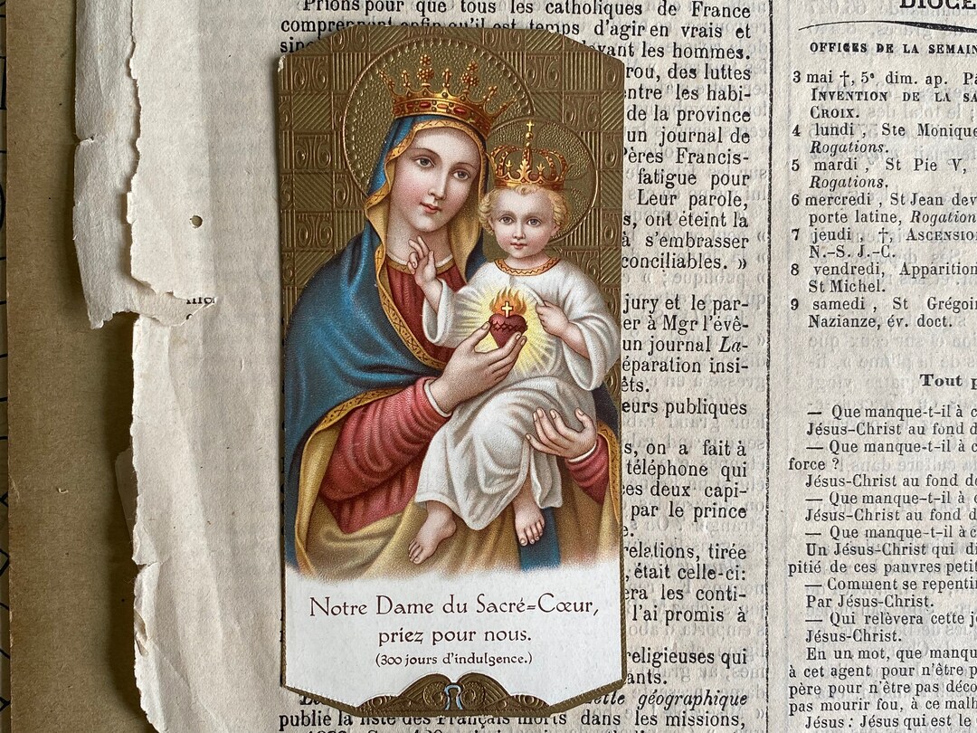 An Antique French Prayer Card, Indulgence Card, Our Lady of Sacre Coeur ...