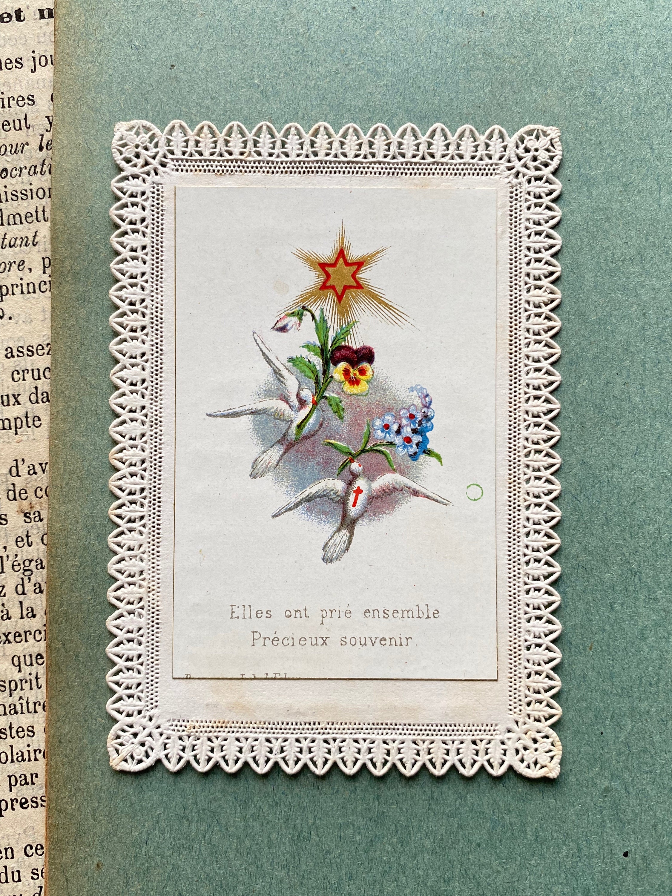 An Antique French Prayer Card, Lacy Card, Forget Me Nots, Pansies ...