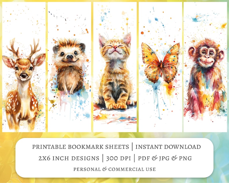 Printable Watercolor Animal Bookmarks, Cut & Craft Cute Animals PNG ...